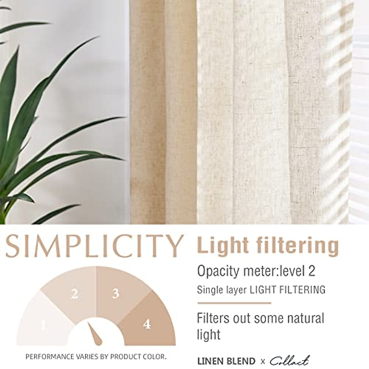 COLLACT Linen Curtains Farmhouse Curtains 96 Inches Long Back Tab Drapes Flax Linen Blend Fall Curtains for Living Room Bedroom Window Treatments Light Filtering Curtains 2 Panels Set Rod Pocket Crude