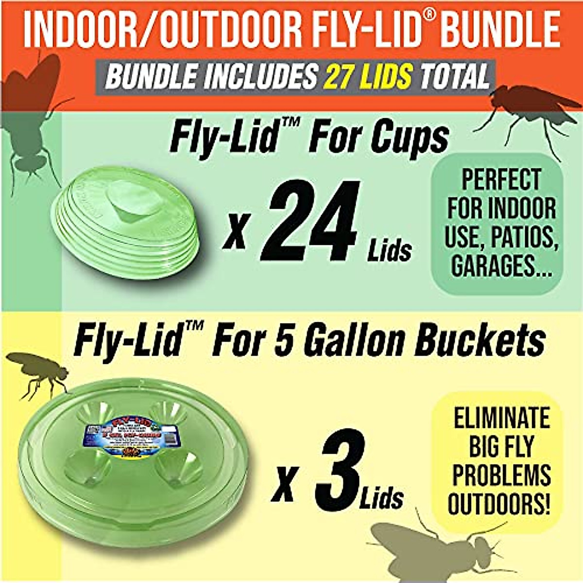 Billy-Bob Fly Lid - Indoor Outdoor Eco Friendly Fly Control Pack - Includes 24 Fly-Lids for Disposable Cups and 3 Fly-Lids for 5 Gallon Buckets