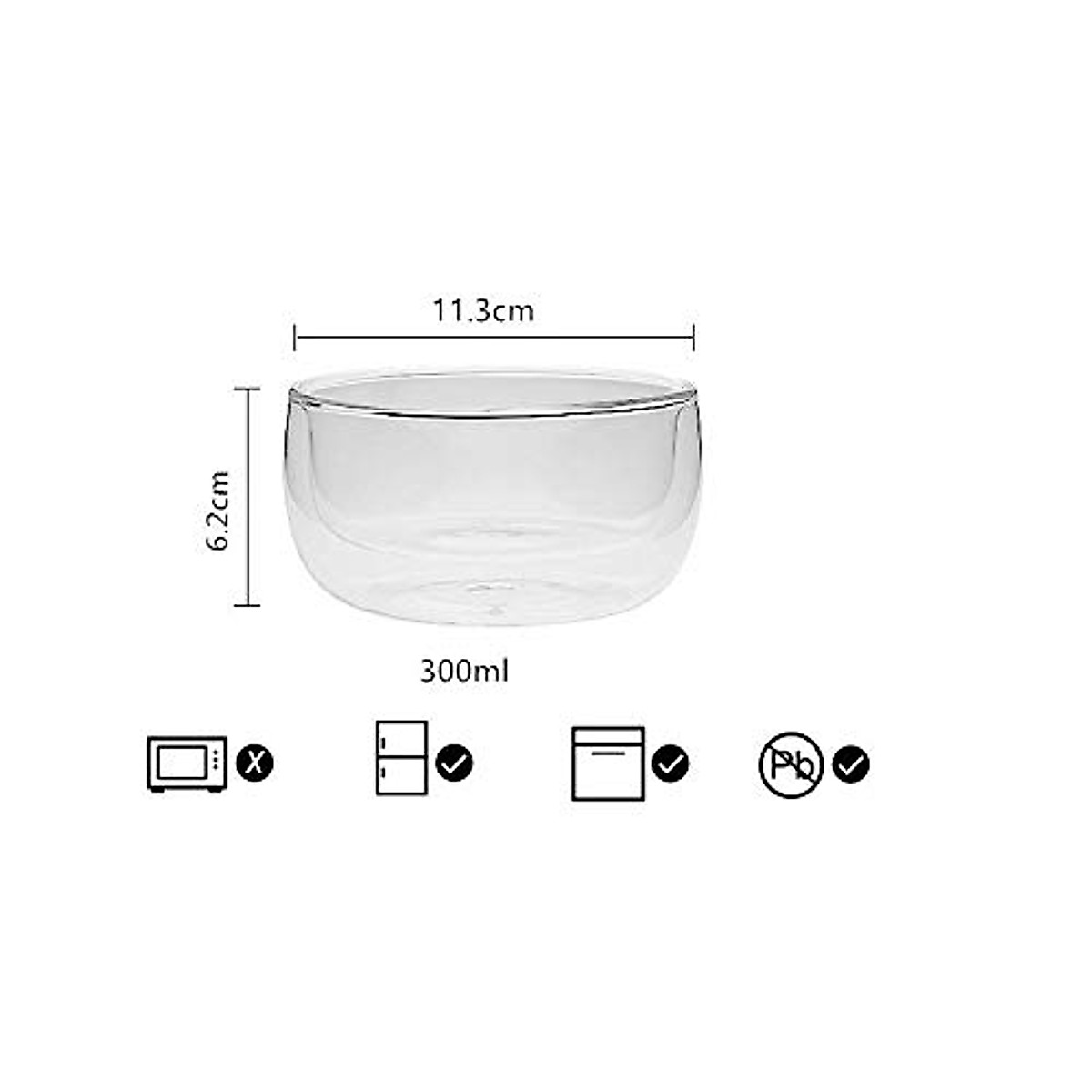 GracesDawn high temperature resistant double layer glass bowl borosilicate heat-resistant glass tableware transparent fruit salad bowl (300ml double bowl)