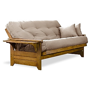 Nirvana Futons Brentwood Tray Arm Futon Frame, Drawers, and Microfiber Khaki Mattress Set - Full, Heritage Finish