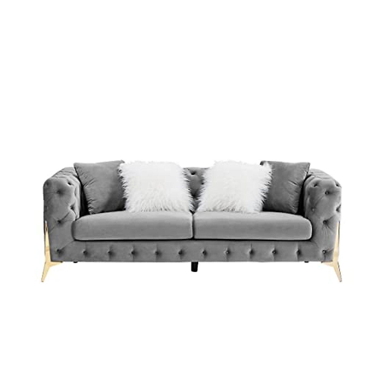 Melpomene Contemporary Velvet Upholstered Sofa Couch with Deep Button Tufting and Custom Gold Chrome Legs,Grey
