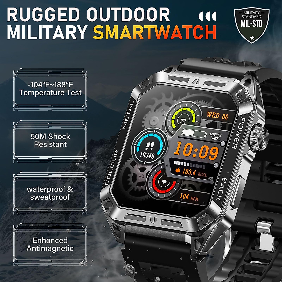 Military Smart Watch for Men 1.91'' Big Screen (Make/Answer Call) Rugged Fitness Tracker 108+ Sports Modes Activity Tracker with Heart Rate SpO2 Sleep Monitor Tactical Smartwatch for iPhone Android