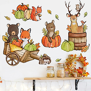 Yovkky Fall Woodland Animals Wall Decals Stickers, Autumn Pumpkin Bear Fox Deer Hedgehog Owl Neutral Nursery Toddler Decor, Thanksgiving Kids Room Home Decorations Bedroom Playroom Art