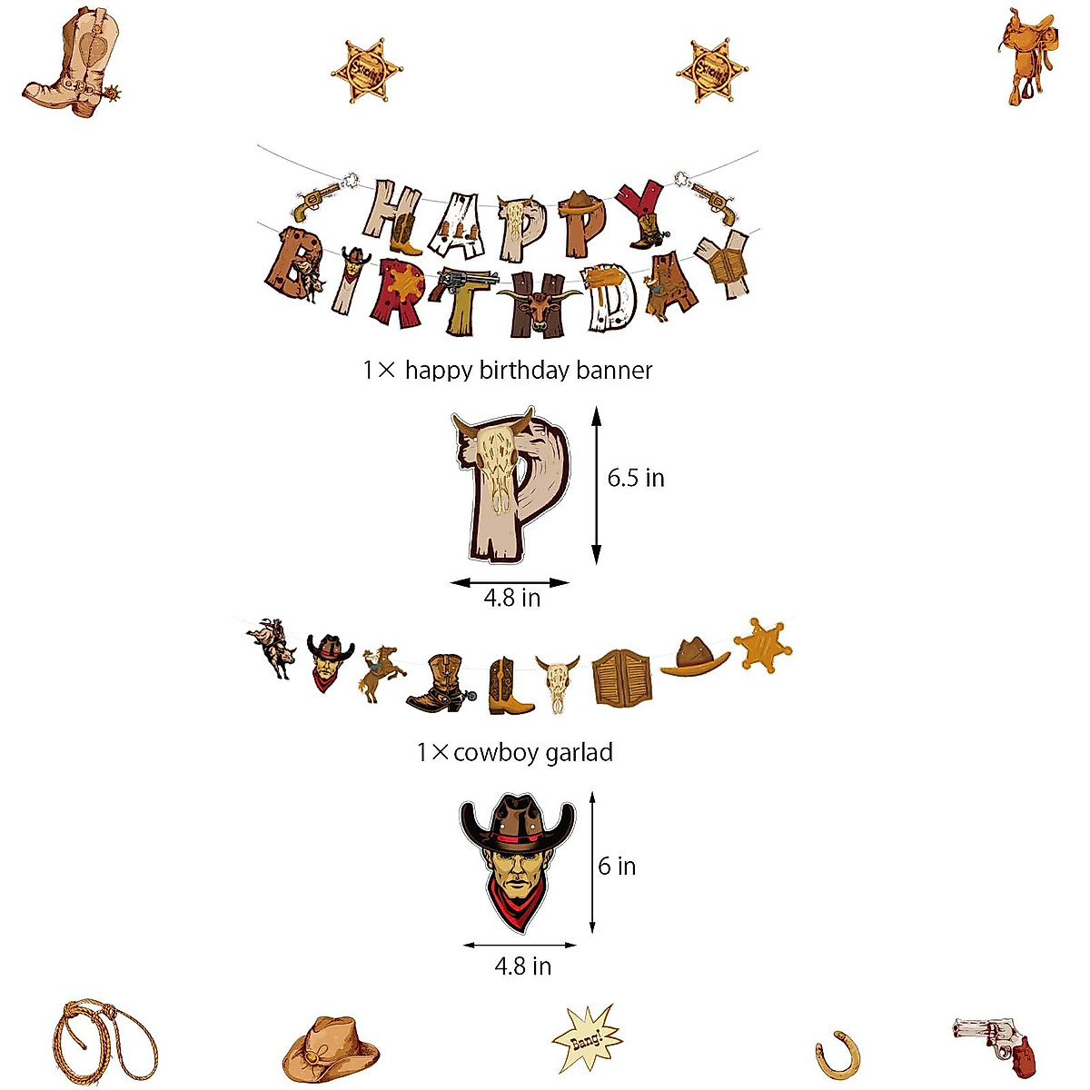 Cowboy Birthday Decorations, Wesrtern Horse Party Supplies with Cowboy Garland Happy Birthday Banner Cake Toppers Latex Balloons for Kids Boys Western Themed Birthday Party Decorations