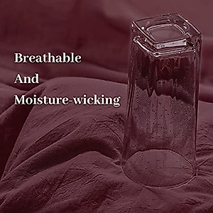 NEXHOME PRO Duvet Cover Set Queen Size Linen Look Textured 100% Washed Cotton Duvet Cover Burgundy Dark Red 3 Pieces Bedding Set with Zipper Closure,Breathable, Soft Organic Natural(No Comforter)