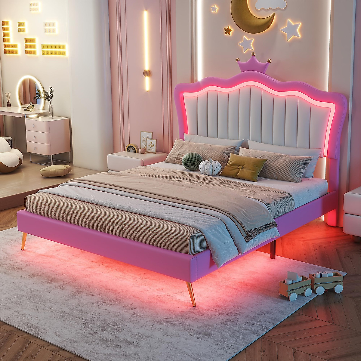 SOFTSEA Full Size Upholstered Bed with LED Lights, Princess Platform Bed for Girls, Adjustable Headboard with Crown, Wood Slats Support, No Box Spring Needed, Pink