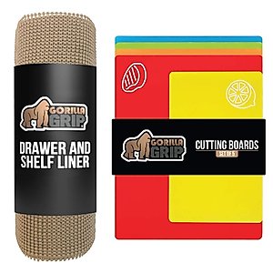 Gorilla Grip Drawer Liner and Flexible Cutting Board Set of 5, Drawer Liner Size 17.5x20 in Beige, 2 Item Bundle