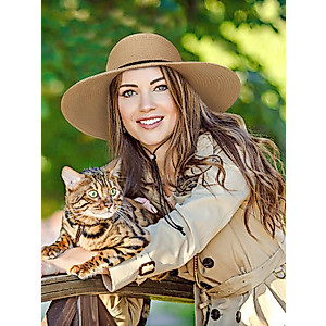 Womens Sun Hat Wide Brim Foldable Beach Hats for Women UV Protection Summer Straw Hat with Wind Lanyard Khaki