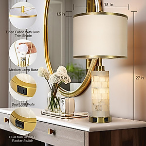 KIVDITZO Natural Alabaster Nightstand Lamp Set of 2 with Night Light USB Ports Table Lamp with Linen Shade Bedside Lamp for Living Room Bedroom Home Office Hotel Bar House