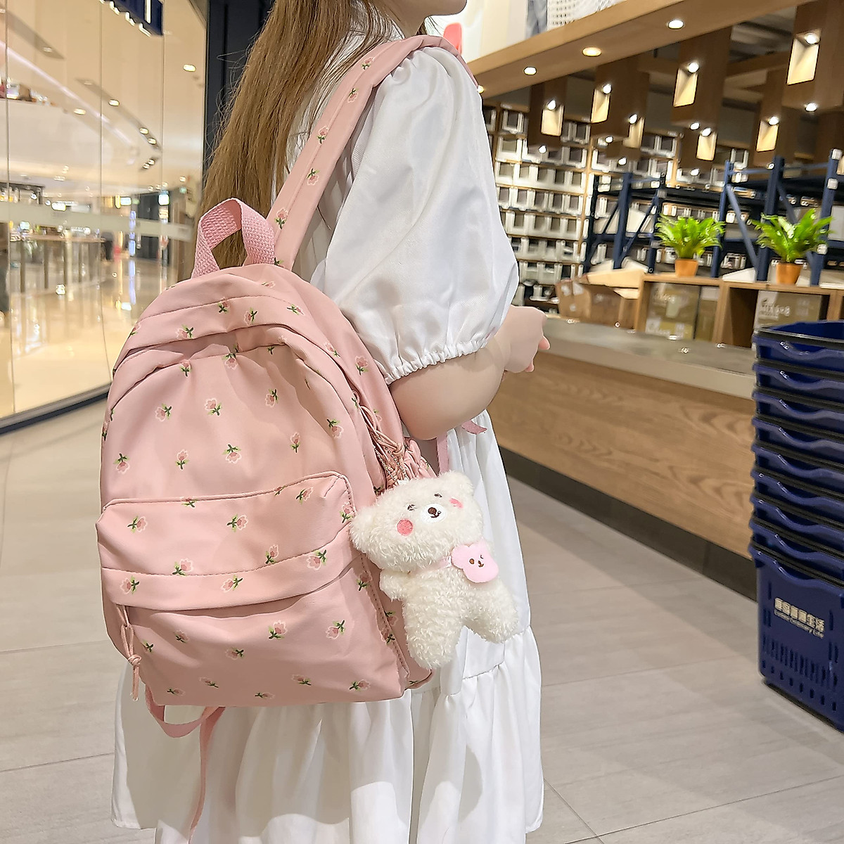 kakarin choyx Kawaii Backpack Mori Art Floral School Bag With Pendant 12.2 Inch Aesthetic Backpack Cute Backpack Medium School Bag (Pink, Middle)