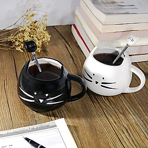 Teagas Cat Coffee Mugs for Crazy Cat Lady - Black & White Ceramic Cat Coffee Mugs and Cute Cat Spoons Set for Coffee Tea 12oz