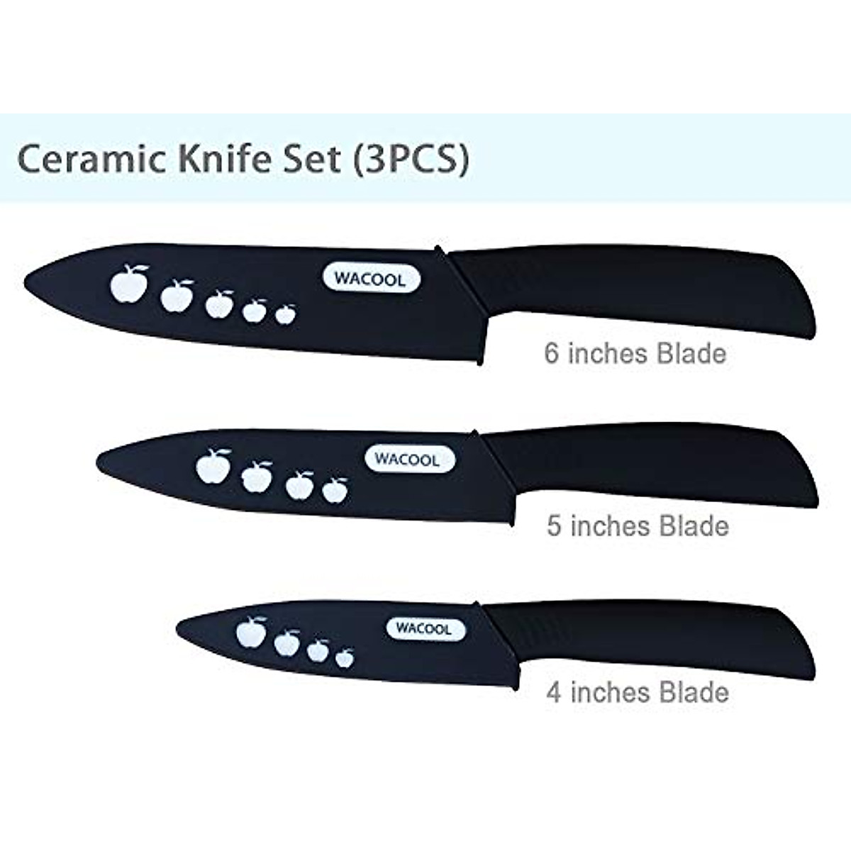 WACOOL Ceramic Knife Set 3-Piece (Includes 6-inch Chef's Knife, 5-inch Utility Knife and 4-inch Fruit Paring Knife), with 3 Knife Sheaths for Each Blade (Black Hand 2022)