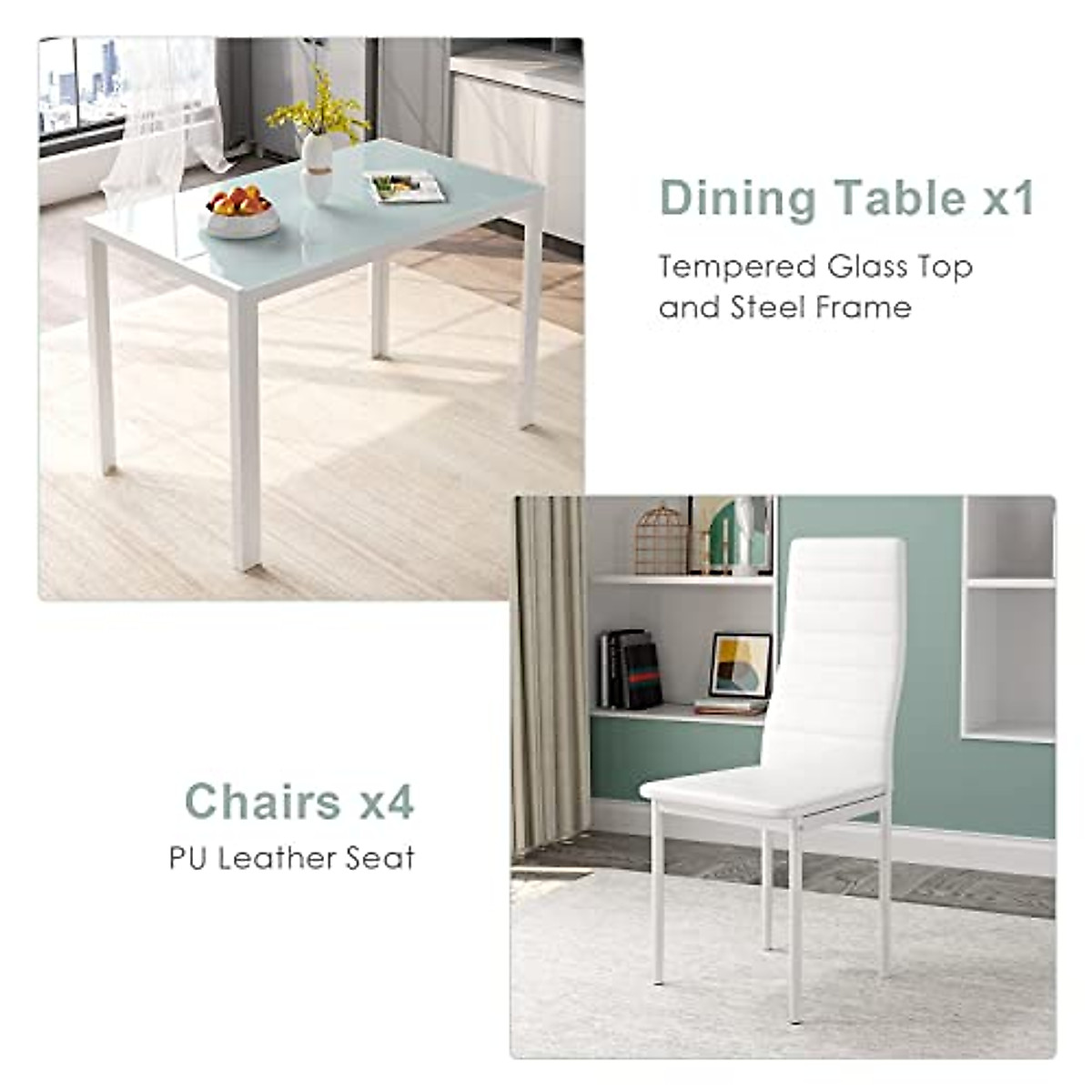 BAHOM 5 Piece Kitchen Dining Table Set for 4, Glass Dining Table and 4 Chairs PU Leather for Breakfast (White)