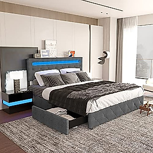 HOMFAMILIA Queen Bed Frame with Headboard and Drawers, LED Bed Frame with Adjustable Storage & LED Lights Headboard, Upholstered Platform Bed with 2 USB Ports, No Box Spring Needed, Dark Grey