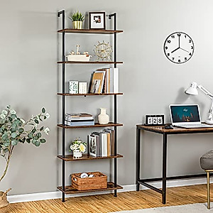 HOOBRO 6-Tier DIY Ladder Shelf and 4-Tier Wall Mounted Bookshelf Bundle, Office Vertical Bookcase Wooden Storage Shelves for Home Office, Bedroom, Rustic Brown and Black BF65CJ01-BF43CJ01