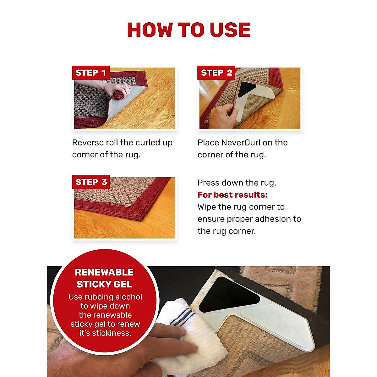 NeverCurl 4pk Rug Corner Grippers - Instantly Flattens Rug Corners Stops Slipping, Stiff Layer Prevent Curling, Renewable Carpet Gripper Sticky Gel, Easy Lift Design to Clean Under Rugs, Carpet Tape