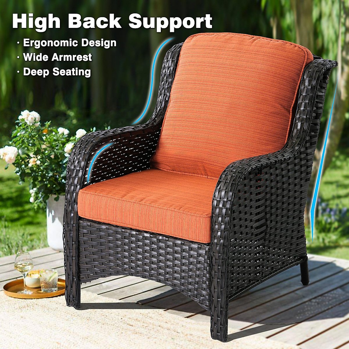 ovios Patio Furniture Set, 5 Piece Outdoor Wicker High Back Sofa with Comfy Cushions Ottomans, All Weather Conversation Set, Brown Rattan Orange Red