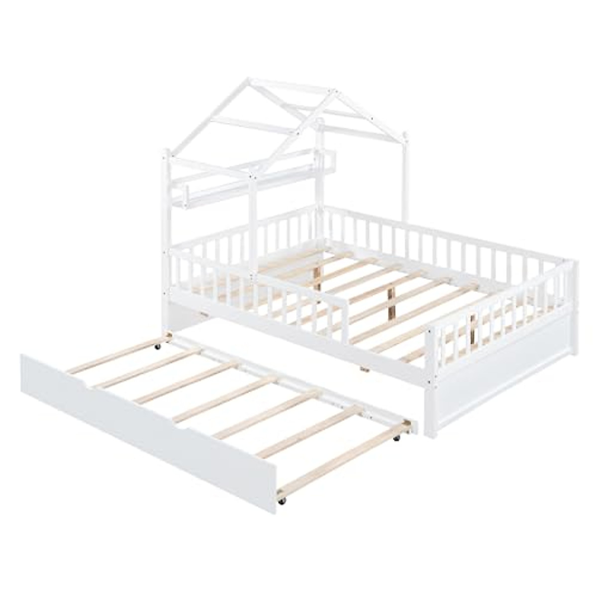 SIYSNKSI Full Size House Bed with Trundle, Wooden House Platform Bed with Shelf and Storage Headboard, Montessori Bed Playhouse Tent Bed Frame for Kids Girls Boys (White + Wood-87C)