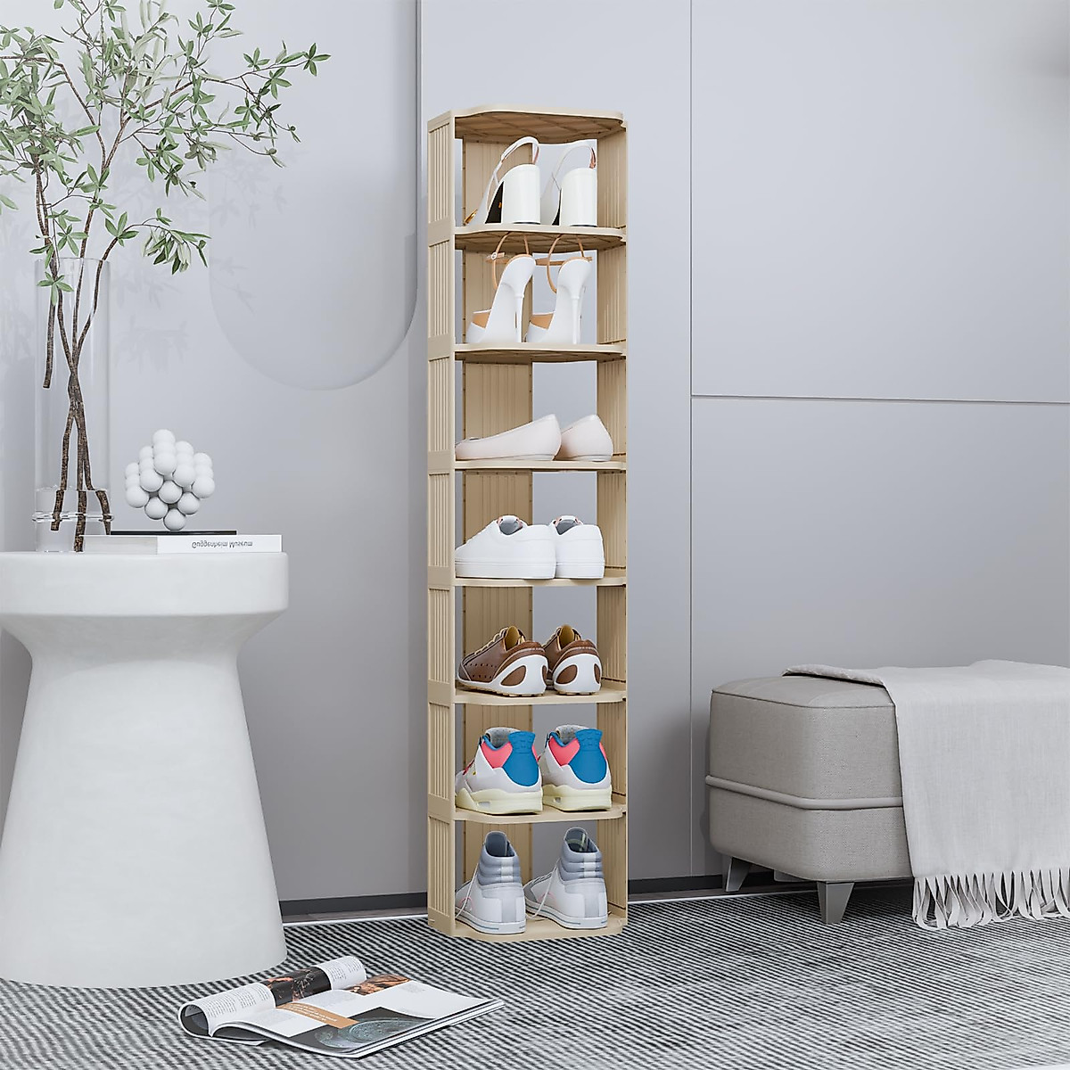 XIOUHM Shoe Rack Narrow Sneaker Storage Organizer 8 Tier Shoe Tower Sturdy Space Saving Free Standing Shelf for Entryway & Closet (Light Coffee)