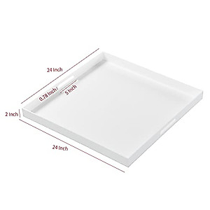 KEVJES Large White Acrylic Serving Tray with Handles-24x24x2 Inch Big Size Spill Proof Tray for Ottoman,Coffee Table, Breakfast, Tea, Food, Butler -Safe Edge Organizer Tray Decorative Tray