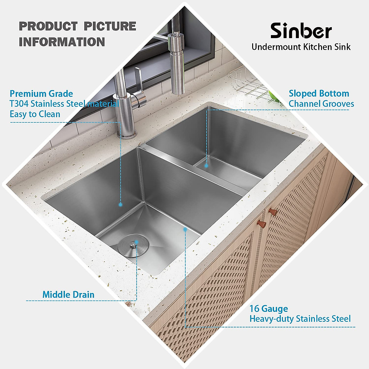 Sinber 32" x 19" x 10" Undermount Double Bowl Kitchen Sink with 16 Gauge 304 Stainless Steel Satin Finish HU3219D-S-16G (Sink Only)