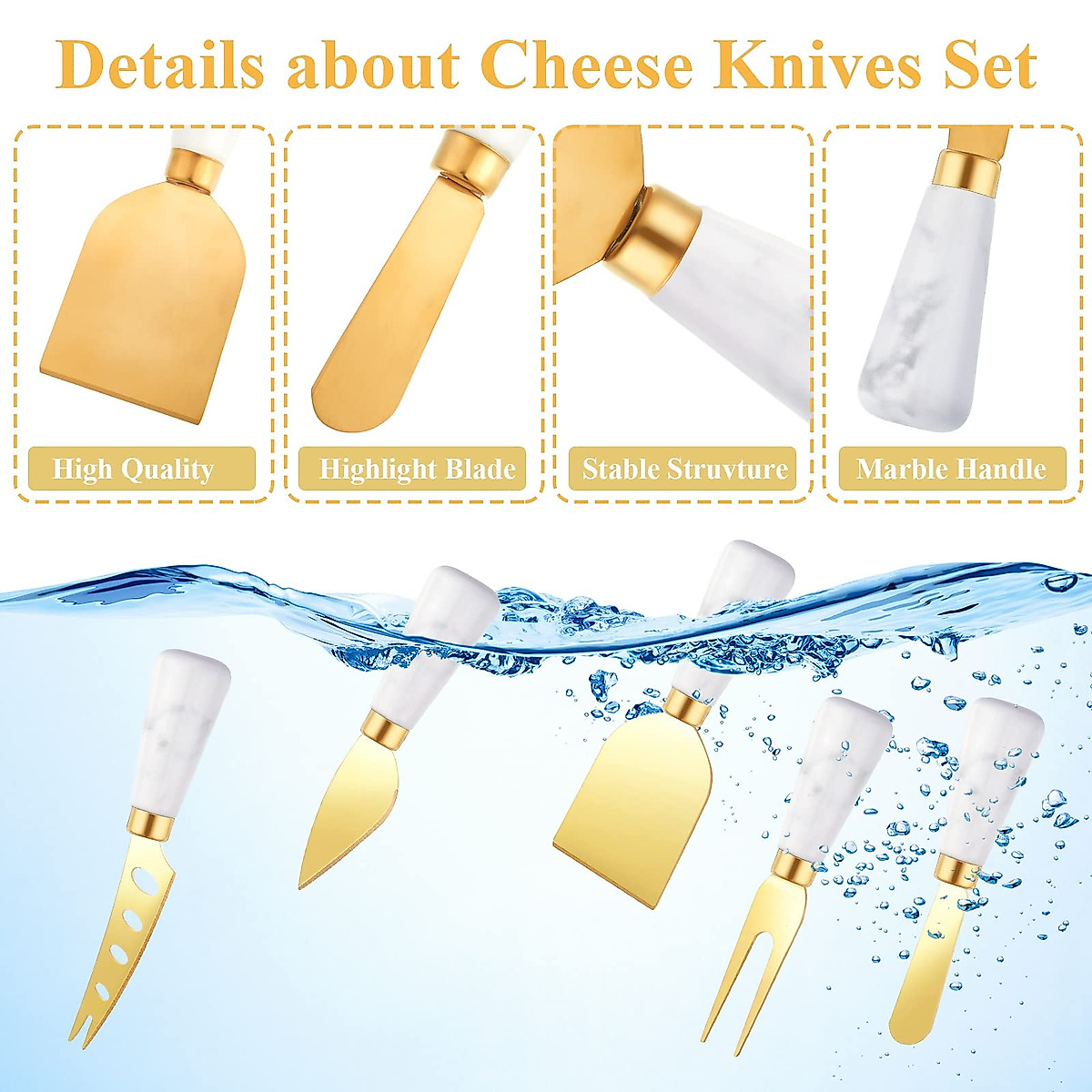 10 Pcs Gold Cheese Knife Set with Ceramic Marble Handle White Cheese Knife Spreader Set Charcuterie Utensils Stainless Steel Marble Knife Set Butter Spatula Knives Cutter Slicer Fork for Wedding Party