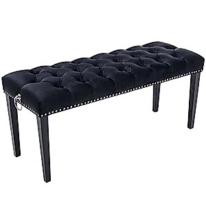 DUOMAY Tufted Ottoman Bench w/Ring Pull, Velvet Dining Bench Entryway Bench Footrest Stool Padded Seat for Living Room Bedroom, Black