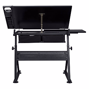 Yaheetech Drafting Table for Artists, Height Adjustable Drawing Desk Art/Craft Desk Diamond Paintings Work Station w/ 2 Storage Drawers and Stool for Home Office School, Black