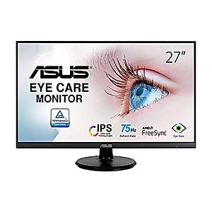 ASUS 27” 1080P Monitor (VA27DQ) - Full HD, IPS, 75Hz, Speakers, Adaptive-sync/FreeSync™, Low Blue Light, Flicker Free, VESA Mountable, Frameless, HDMI, VGA, DisplayPort, Tilt Adjustable, BLACK