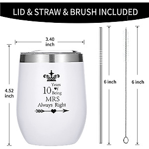 HLIKEM Pack Of 2 Wine Tumbler 10 Years Mr Right Mrs Always Right 10th Wedding Engagement Anniversary Cups for Couple Parents Stainless Steel Insulated Wine Glass with Straws and Brush