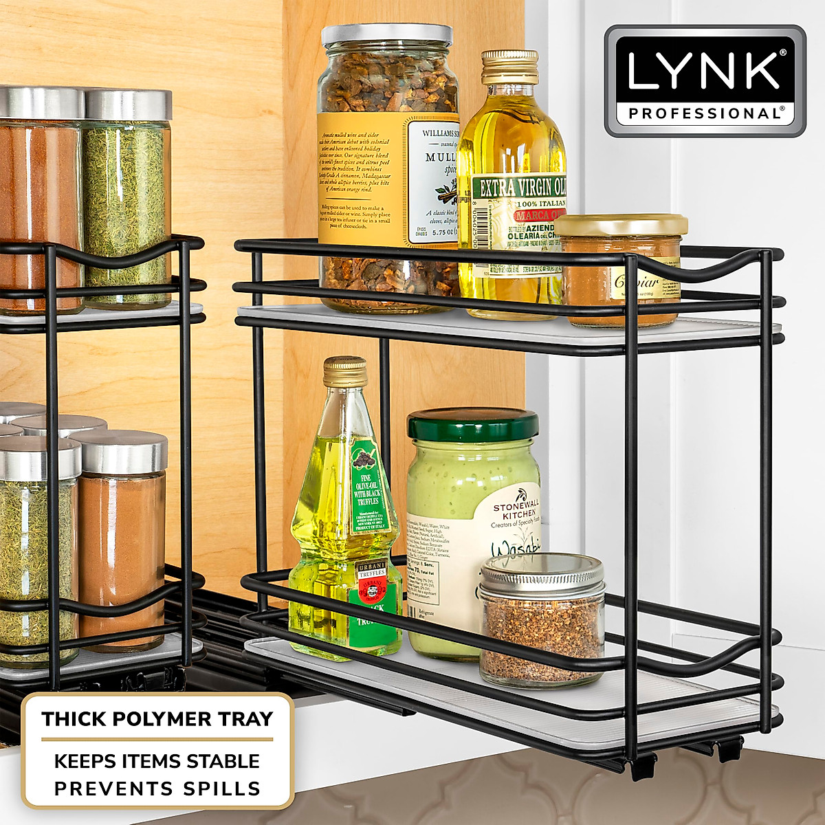 LYNK PROFESSIONAL® Pull Out Spice Rack Organizer for Inside Kitchen Cabinets - 4-1/4 inch Wide - Slide Out Drawer – Black Sliding Spice Cabinet Organization Shelf Racks - 2 Tier
