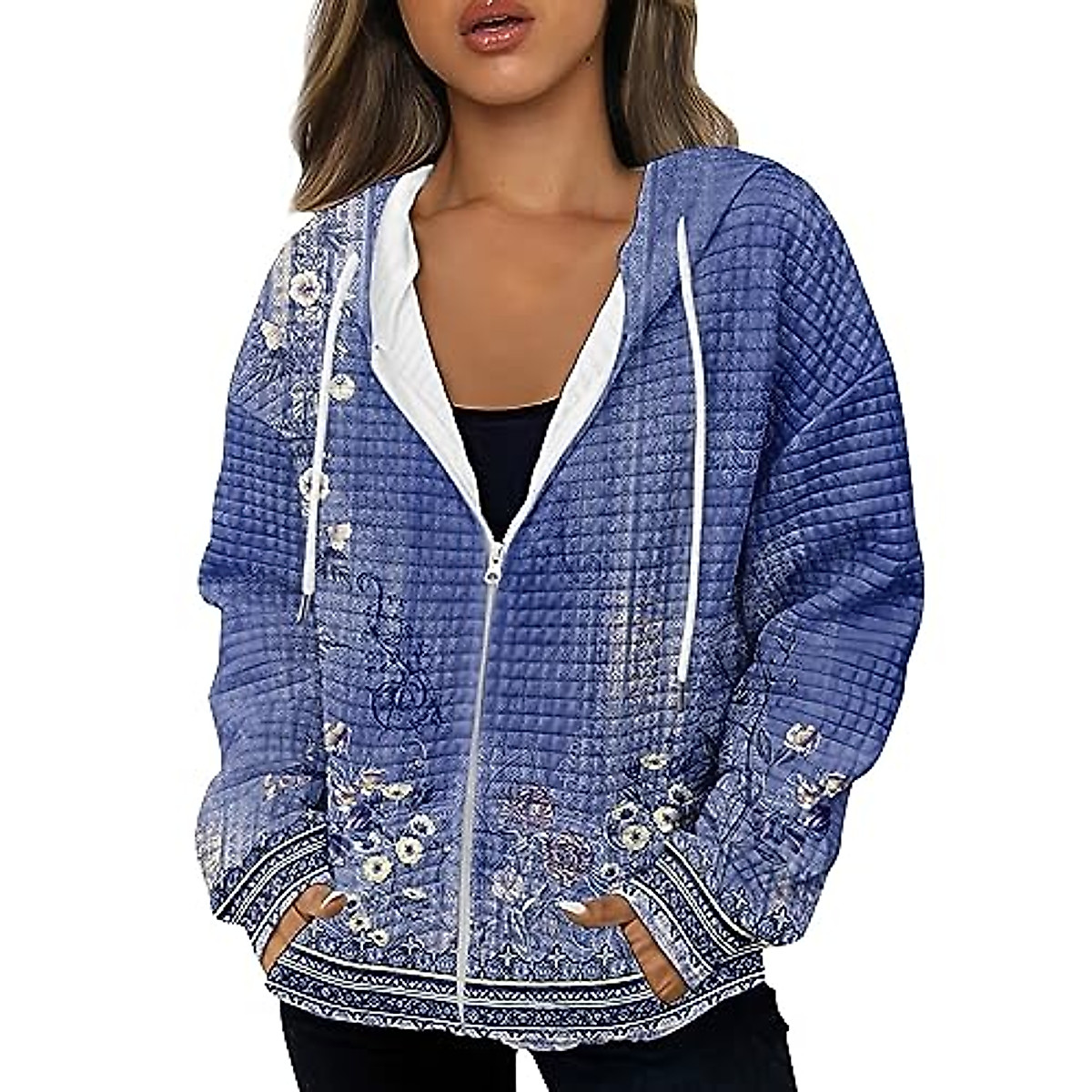 Women's Winter Coats With Hood, Women's Coat Autumn And Casual Fashion Hoodie Sweatshirt Printed Zip Jacket Pockets Maternity Coat Jacket Tan Trench Coat Women Eiderdown Chamarras (3XL, Royal Blue)