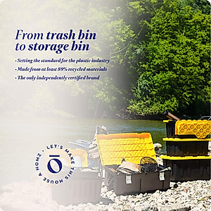 HOMZ 15-Gallon Durabilt Plastic Stackable Storage Organizer Container w/Snap Lid and Hasps for Tie-Down Straps or Locks, Black/Yellow (4 Pack)