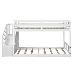 SOFTSEA Twin Over Twin Low Bunk Bed with Stairs Solid Wood Floor Bunk Beds for Boys and Girls Floor Bunk Bed No Box Spring Required (White)