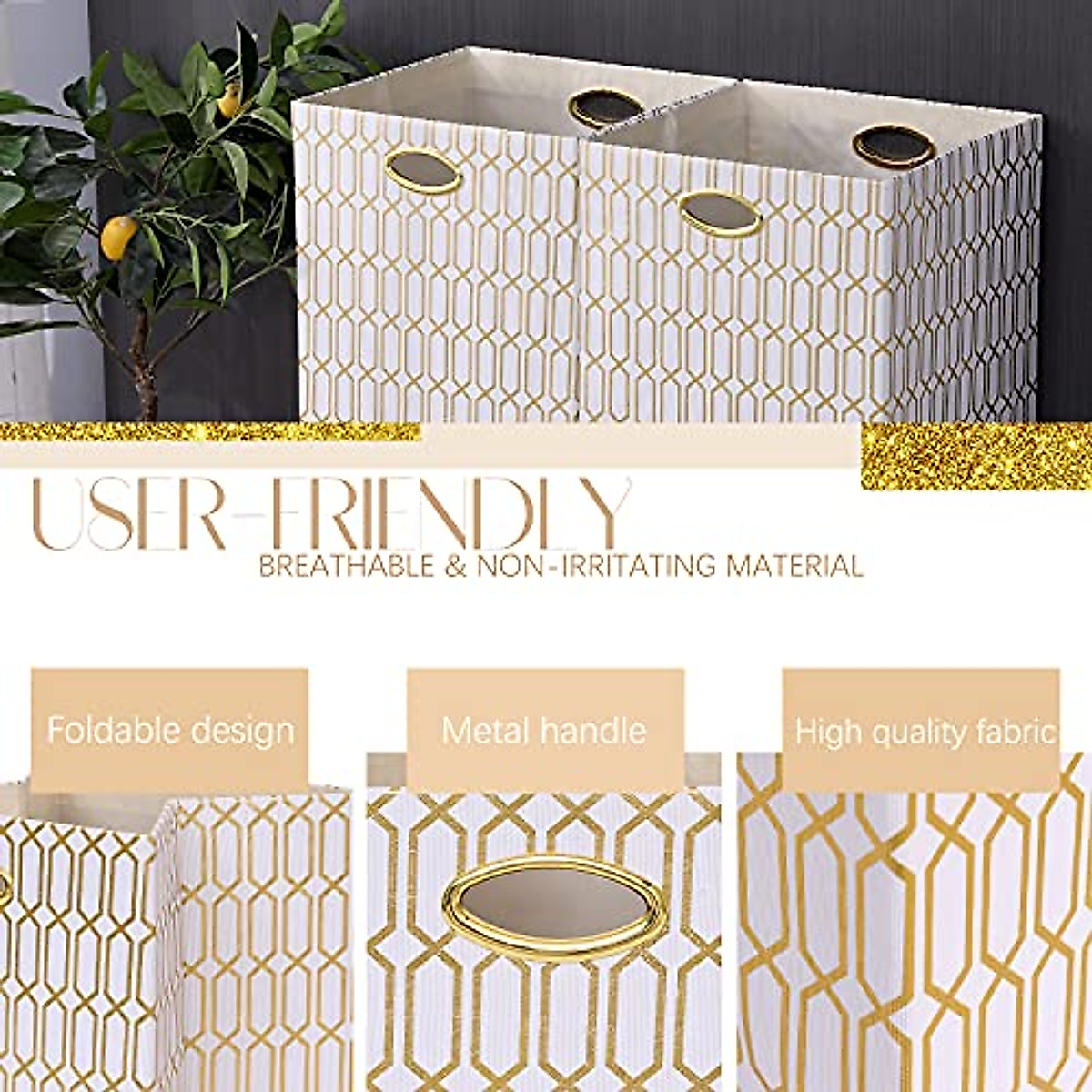 Fboxac Cube Storage Bins 13×13 Polyester Foldable Box with Handles, Collapsible Organization Basket Set of 4 Large Capacity Drawer for Closet Shelf Cabinet Bookcase Bedroom, White Gold