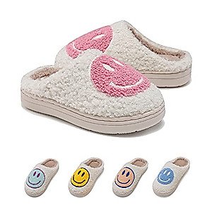 COVS Cute Kids Smile Face Slippers for Girls Boys Soft Plush Happy Face Slippers Non-Slip Toddler Warm House Slippers Little kids smile slippers Indoor Outdoor（Pink 20/21）