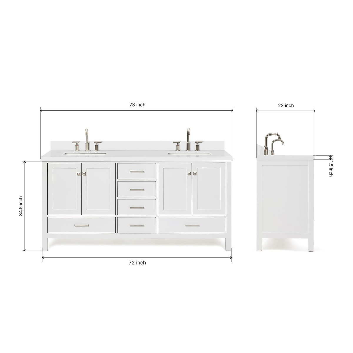 ARIEL Double Bathroom Vanity 73" Grey with 1.5" Edge Pure White Quartz Countertop & Splash, Rectangular Sinks, 4 Soft Closing Doors, 6 Full Extension Dovetail Drawers, Brushed Nickel (White)