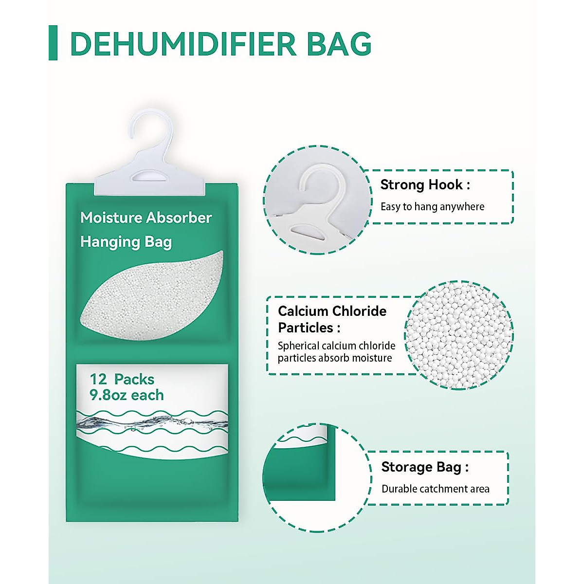 Tvuidgeg Moisture Absorbers Packets, Fragrance Free (12 Pack), Humidity Packs, Hanging Closet Dehumidifier Bags, Moisture Absorb 9.8OZ Hanging Bags for Bedroom, Kitchen, Basement, Storeroom, Study