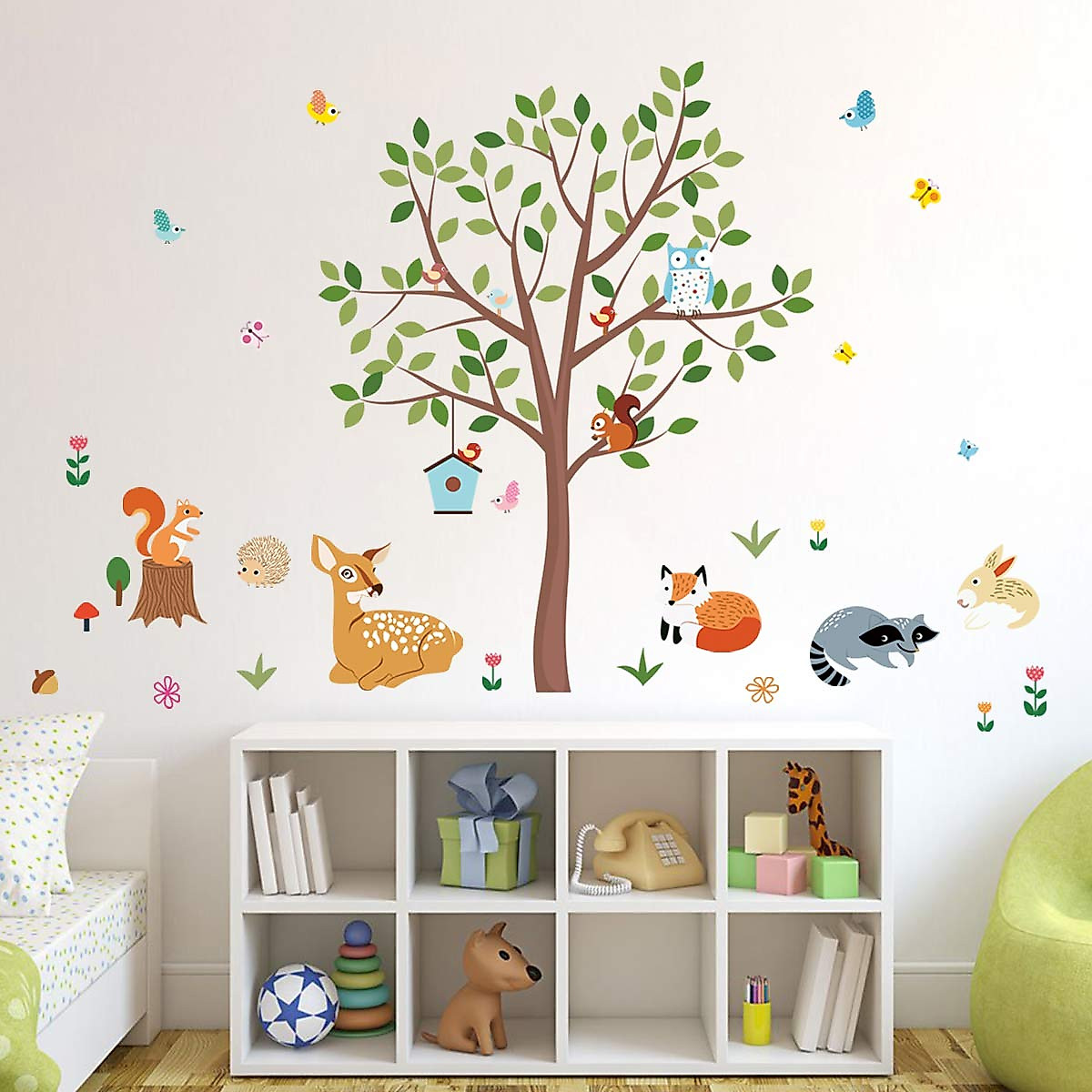 decalmile Forest Animals Tree Wall Decals Deer Squirrel Owl Wall Stickers Baby Nursery Kids Bedroom Playroom Wall Decor(Tree H: 31"))