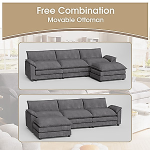 JUMMICO 119” Sectional Sofa Modern Deep Couch with Reversible Ottoman, L-Shaped Chenille Fabric Modular Sofa Sleeper Comfy for Living Room/Bedroom/Apartment (Grey, L Shaped Sofa)