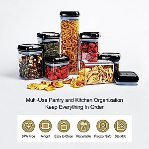 OMNISAFE Airtight Food Storage Container Set, 7Pcs Kitchen Organization Containers, BPA Free Clear Plastic Canisters for Cereal, Sugar & Dry Food with Easy Lock Lid, Include 9 Labels, Square Black