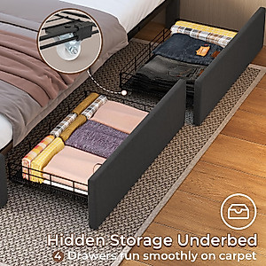 ADORNEVE Full Size LED Bed Frame with 4 Drawers, Platform Bed Frame with 2 USB Charging Station, Upholstered Bed with Storage, No Box Spring Needed, Easy Assembly, Dark Grey