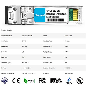 25G SFP28 SR for Juniper JNP-SFP-25G-LR, 25GBASE-LR SFP28 1310nm 10km DOM LC SMF Optical Transceiver Module