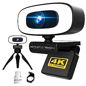 AVMPTECH 4K Webcam with Light & Microphone Autofocus USB Web cam w. Microphone Wide Angle Webcam for Desktop HD Streaming Camera for Computer Webcam Light usbc Privacy Cover & Webcam Tripod Webcam