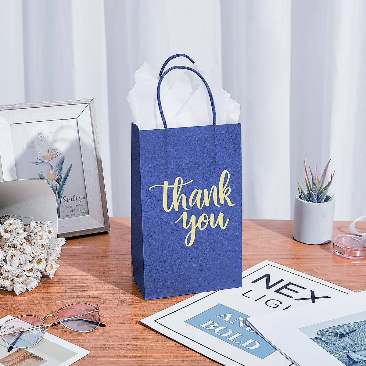 DjinnGlory 100 Pack Small Navy Blue Thank You Paper Gift Goodie Bags with Handles 9x5.5x3.15 Inch for Shopping Birthday Wedding Bridal Baby Shower Graduation 2024 Party Favors