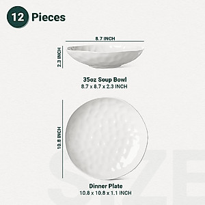 HOMBENE White Dinnerware Set 12 Piece Service for 6, Porcelain Dinnerware Sets, Over Size Plates Sets for Dessert Salad and Pasta, Dishes Set