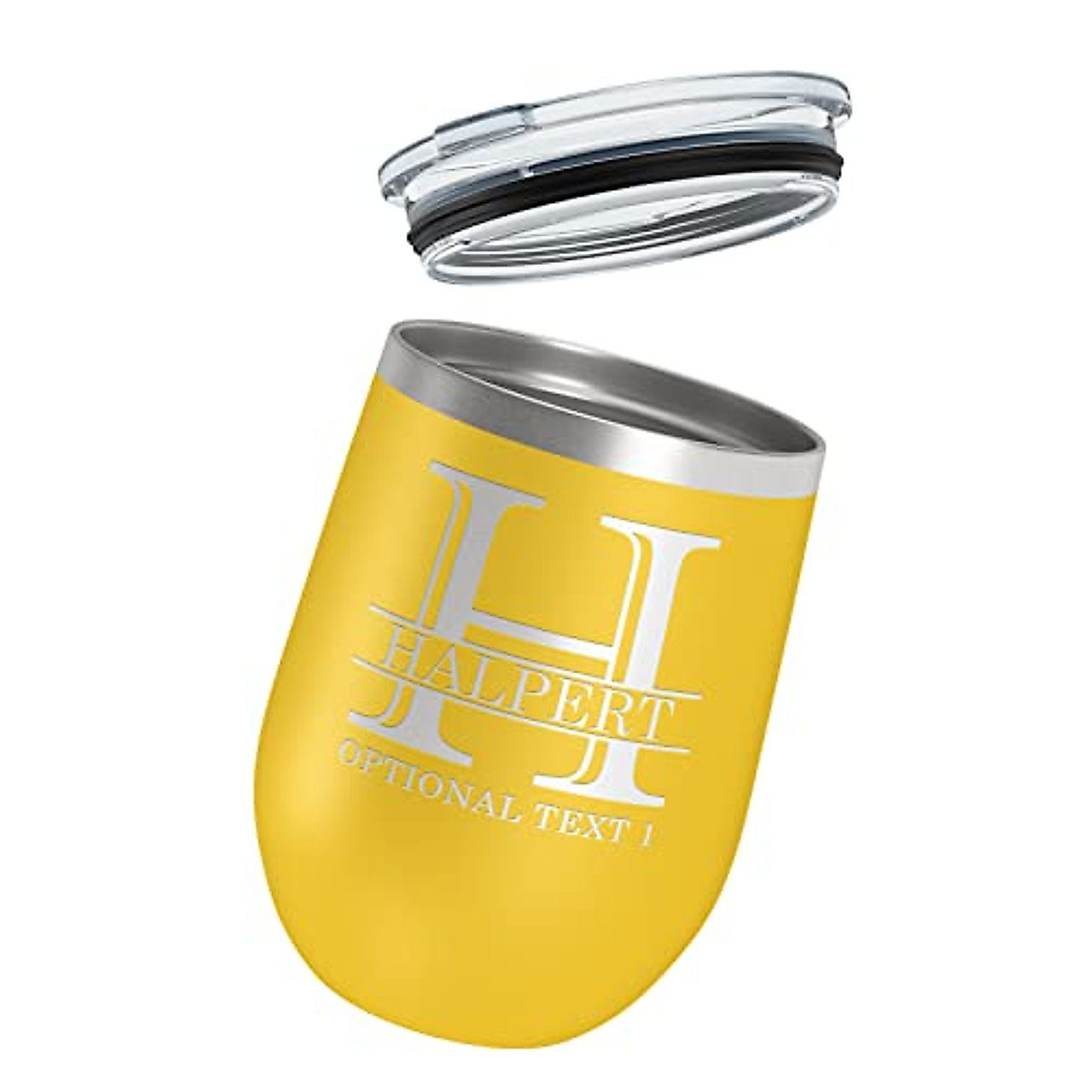 Personalized 12oz (17 Colors) Powder Coated Stainless Steel Stemless Wine Tumbler with Lid, Custom Etched, Customized Gift for Women Her, Wine Lover, Halpert Monogram Initial Name (Yellow)