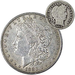 1883 O Morgan Dollar XF EF Extremely Fine with 1913 Barber Dime G Good
