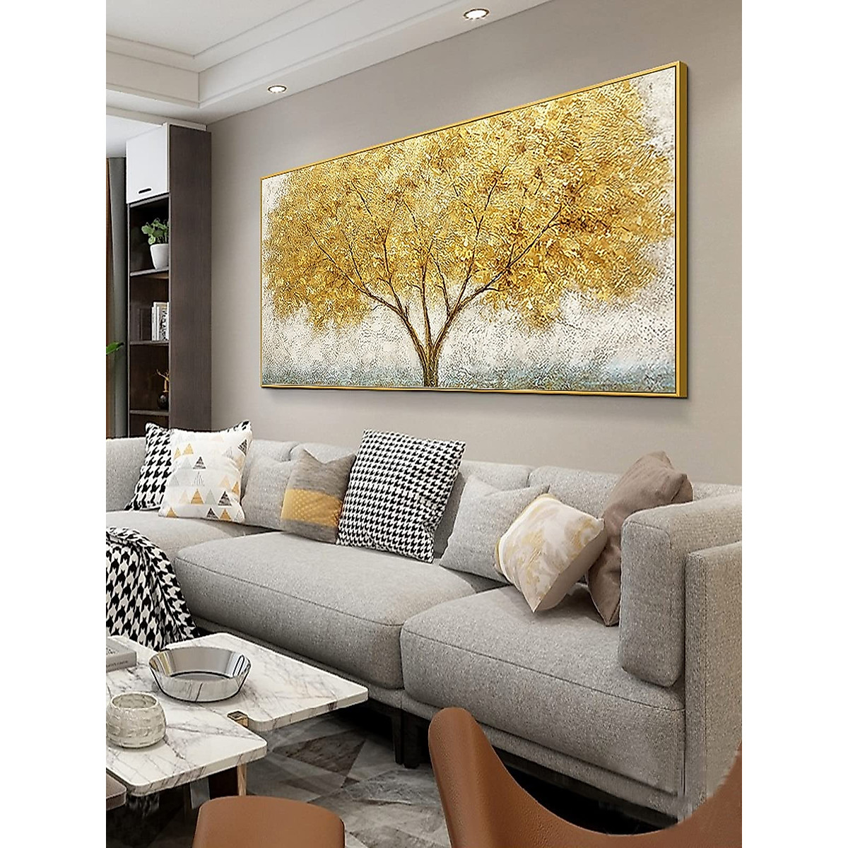 Gold Tree of Life Canvas Wall Art For Living Room -Hand Painted Gallery Wrapped Oil Painting for Bedroom-Framed 3D Wall Decoration for Office Kitchen 20x40 inches