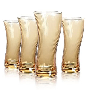 Joeyan Water Juice Cocktail Drinking Glasses Cups,Origami Style Glassware,Ripple Highball Glass,Modern Ribbed Tumblers for Iced Tea Coffee Beverages Wine Beer,Hand Made,13.5 oz,Set of 4,Amber